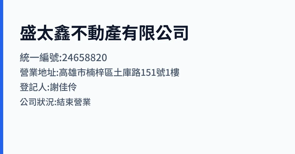 盛太鑫不動產有限公司 - 統編 24658820(高雄市) 公司登記資料與營業項目詳細圖表