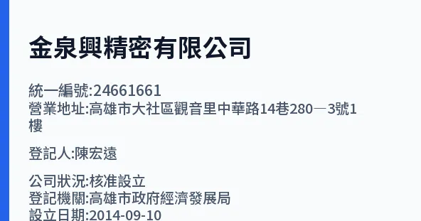 金泉興精密有限公司的照片-統編 24661661(高雄市) 公司登記資料與營業項目詳細圖表