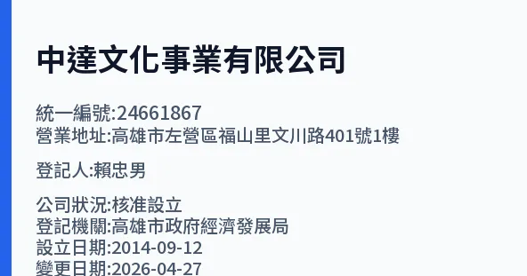 中達文化事業有限公司的照片-統編 24661867(高雄市) 公司登記資料與營業項目詳細圖表