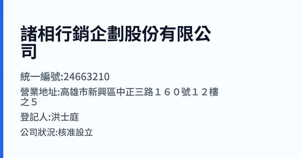 諸相行銷企劃股份有限公司 - 統編 24663210(高雄市) 公司登記資料與營業項目詳細圖表