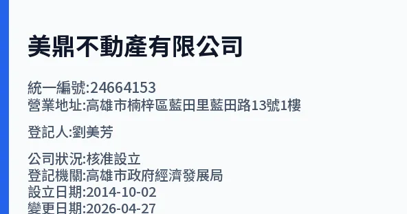 美鼎不動產有限公司的照片-統編 24664153(高雄市) 公司登記資料與營業項目詳細圖表
