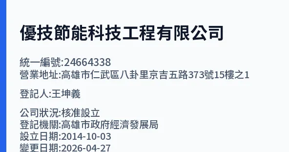 優技節能科技工程有限公司的照片-統編 24664338(高雄市) 公司登記資料與營業項目詳細圖表