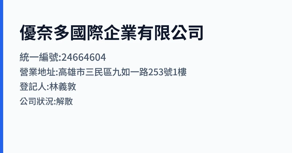 優奈多國際企業有限公司 - 統編 24664604(高雄市) 公司登記資料與營業項目詳細圖表