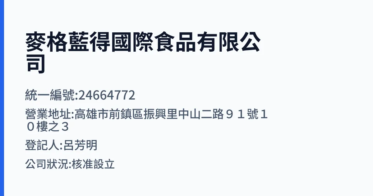 麥格藍得國際食品有限公司 - 統編 24664772(高雄市) 公司登記資料與營業項目詳細圖表
