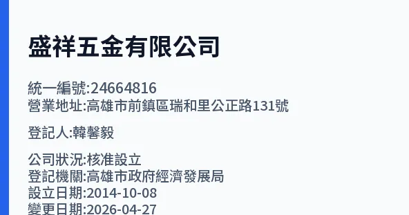 盛祥五金有限公司的照片-統編 24664816(高雄市) 公司登記資料與營業項目詳細圖表