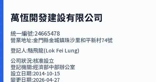 萬恆開發建設有限公司的照片-統編 24665478(金門縣) 公司登記資料與營業項目詳細圖表