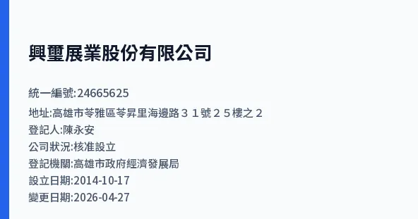 興璽展業股份有限公司的照片-統編 24665625(高雄市) 公司登記資料與營業項目詳細圖表
