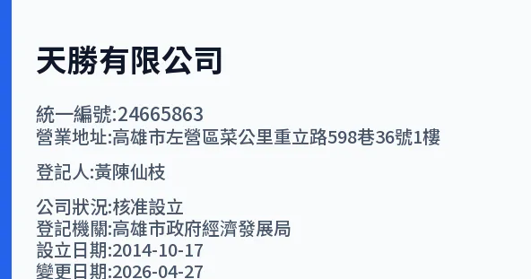 天勝有限公司的照片-統編 24665863(高雄市) 公司登記資料與營業項目詳細圖表