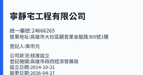 寧靜宅工程有限公司的照片-統編 24666265(高雄市) 公司登記資料與營業項目詳細圖表