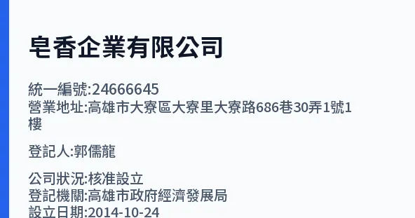 皂香企業有限公司的照片-統編 24666645(高雄市) 公司登記資料與營業項目詳細圖表