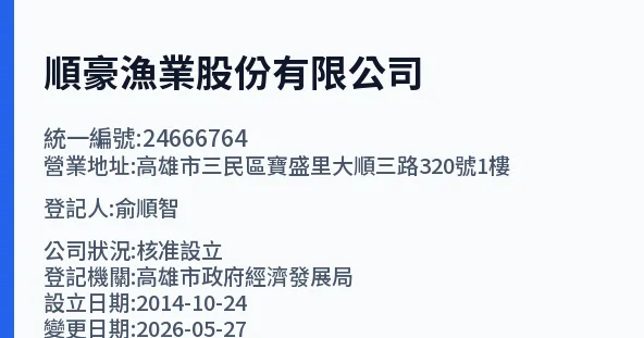 順豪漁業股份有限公司的照片-統編 24666764(高雄市) 公司登記資料與營業項目詳細圖表