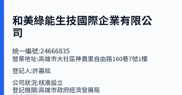 和美綠能生技國際企業有限公司的照片-統編 24666835(高雄市) 公司登記資料與營業項目詳細圖表
