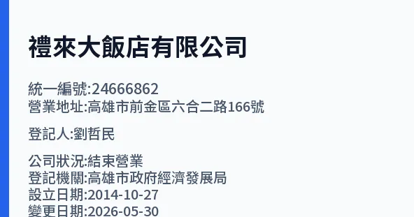 禮來大飯店有限公司的照片-統編 24666862(高雄市) 公司登記資料與營業項目詳細圖表