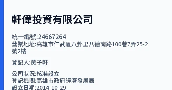 軒偉投資有限公司的照片-統編 24667264(高雄市) 公司登記資料與營業項目詳細圖表