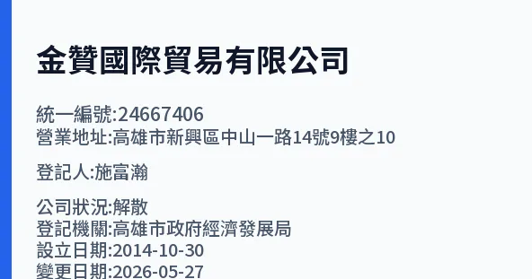 金贊國際貿易有限公司的照片-統編 24667406(高雄市) 公司登記資料與營業項目詳細圖表