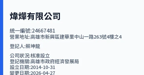 煒燁有限公司的照片-統編 24667481(高雄市) 公司登記資料與營業項目詳細圖表