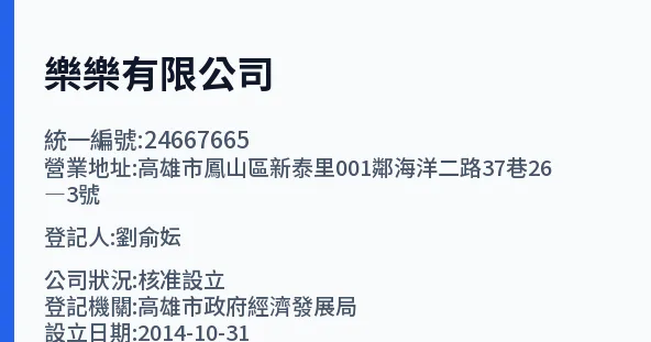 樂樂有限公司的照片-統編 24667665(高雄市) 公司登記資料與營業項目詳細圖表