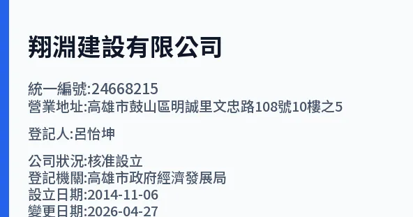 翔淵建設有限公司的照片-統編 24668215(高雄市) 公司登記資料與營業項目詳細圖表