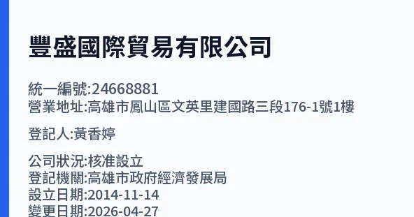 豐盛國際貿易有限公司的照片-統編 24668881(高雄市) 公司登記資料與營業項目詳細圖表