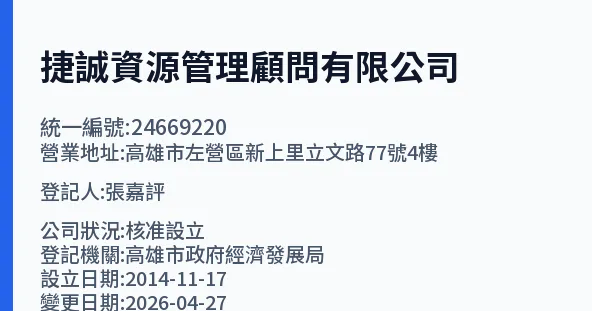 捷誠資源管理顧問有限公司的照片-統編 24669220(高雄市) 公司登記資料與營業項目詳細圖表