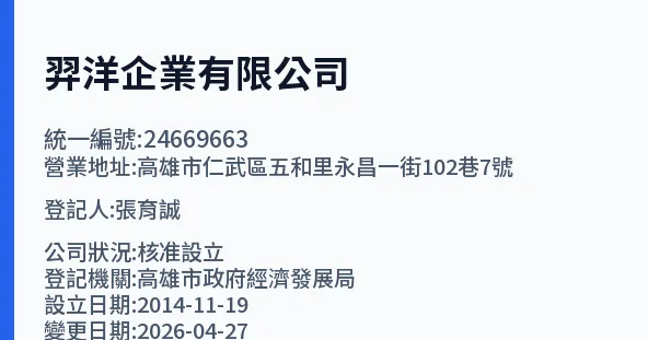 羿洋企業有限公司的照片-統編 24669663(高雄市) 公司登記資料與營業項目詳細圖表