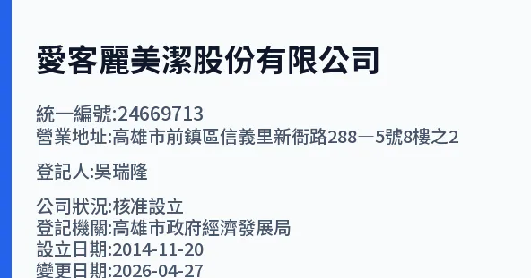 愛客麗美潔股份有限公司的照片-統編 24669713(高雄市) 公司登記資料與營業項目詳細圖表