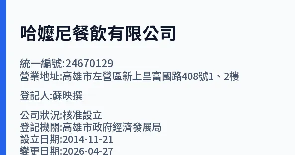 哈嬤尼餐飲有限公司的照片-統編 24670129(高雄市) 公司登記資料與營業項目詳細圖表