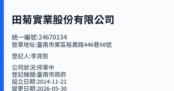 田菊實業股份有限公司的照片-統編 24670134(臺南市) 公司登記資料與營業項目詳細圖表