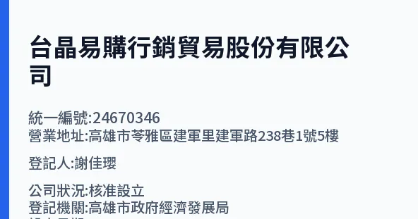 台晶易購行銷貿易股份有限公司的照片-統編 24670346(高雄市) 公司登記資料與營業項目詳細圖表