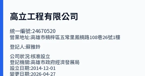 高立工程有限公司的照片-統編 24670520(高雄市) 公司登記資料與營業項目詳細圖表