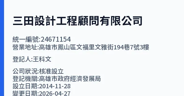 三田設計工程顧問有限公司的照片-統編 24671154(高雄市) 公司登記資料與營業項目詳細圖表