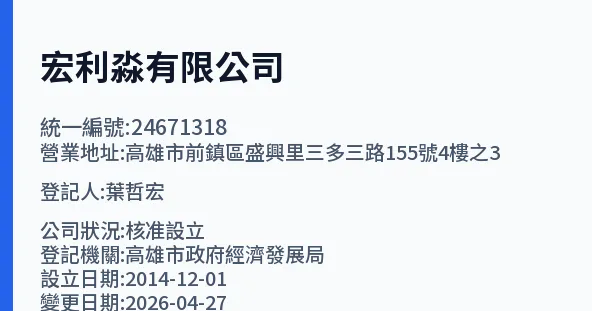 宏利淼有限公司的照片-統編 24671318(高雄市) 公司登記資料與營業項目詳細圖表