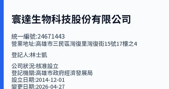 寰達生物科技股份有限公司的照片-統編 24671443(高雄市) 公司登記資料與營業項目詳細圖表