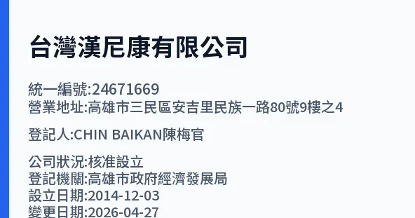 台灣漢尼康有限公司的照片-統編 24671669(高雄市) 公司登記資料與營業項目詳細圖表