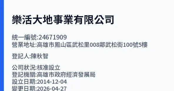 樂活大地事業有限公司的照片-統編 24671909(高雄市) 公司登記資料與營業項目詳細圖表