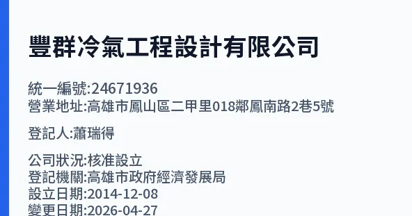 豐群冷氣工程設計有限公司的照片-統編 24671936(高雄市) 公司登記資料與營業項目詳細圖表