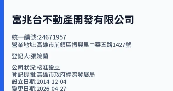 富兆台不動產開發有限公司的照片-統編 24671957(高雄市) 公司登記資料與營業項目詳細圖表