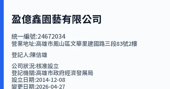 盈億鑫園藝有限公司的照片-統編 24672034(高雄市) 公司登記資料與營業項目詳細圖表