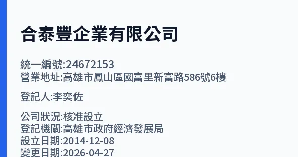 合泰豐企業有限公司的照片-統編 24672153(高雄市) 公司登記資料與營業項目詳細圖表