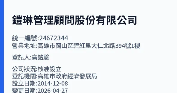 鎧琳管理顧問股份有限公司的照片-統編 24672344(高雄市) 公司登記資料與營業項目詳細圖表