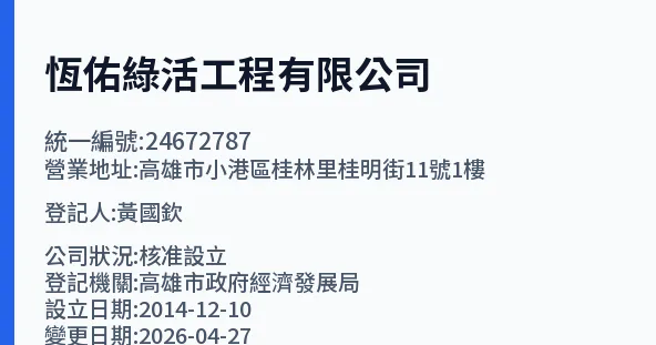 恆佑綠活工程有限公司的照片-統編 24672787(高雄市) 公司登記資料與營業項目詳細圖表