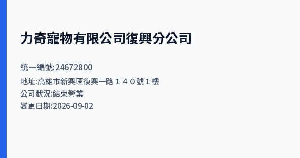 力奇寵物有限公司復興分公司的照片-統編 24672800(高雄市) 公司登記資料與營業項目詳細圖表