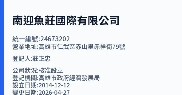 南迎魚莊國際有限公司的照片-統編 24673202(高雄市) 公司登記資料與營業項目詳細圖表