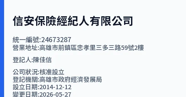 信安保險經紀人有限公司的照片-統編 24673287(高雄市) 公司登記資料與營業項目詳細圖表