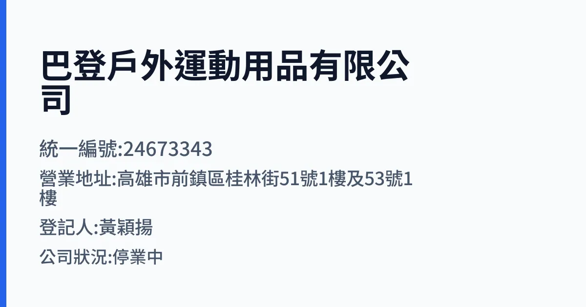 巴登戶外運動用品有限公司 - 統編 24673343(高雄市) 公司登記資料與營業項目詳細圖表
