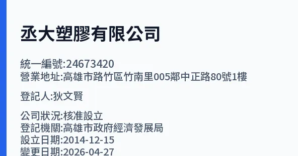 丞大塑膠有限公司的照片-統編 24673420(高雄市) 公司登記資料與營業項目詳細圖表