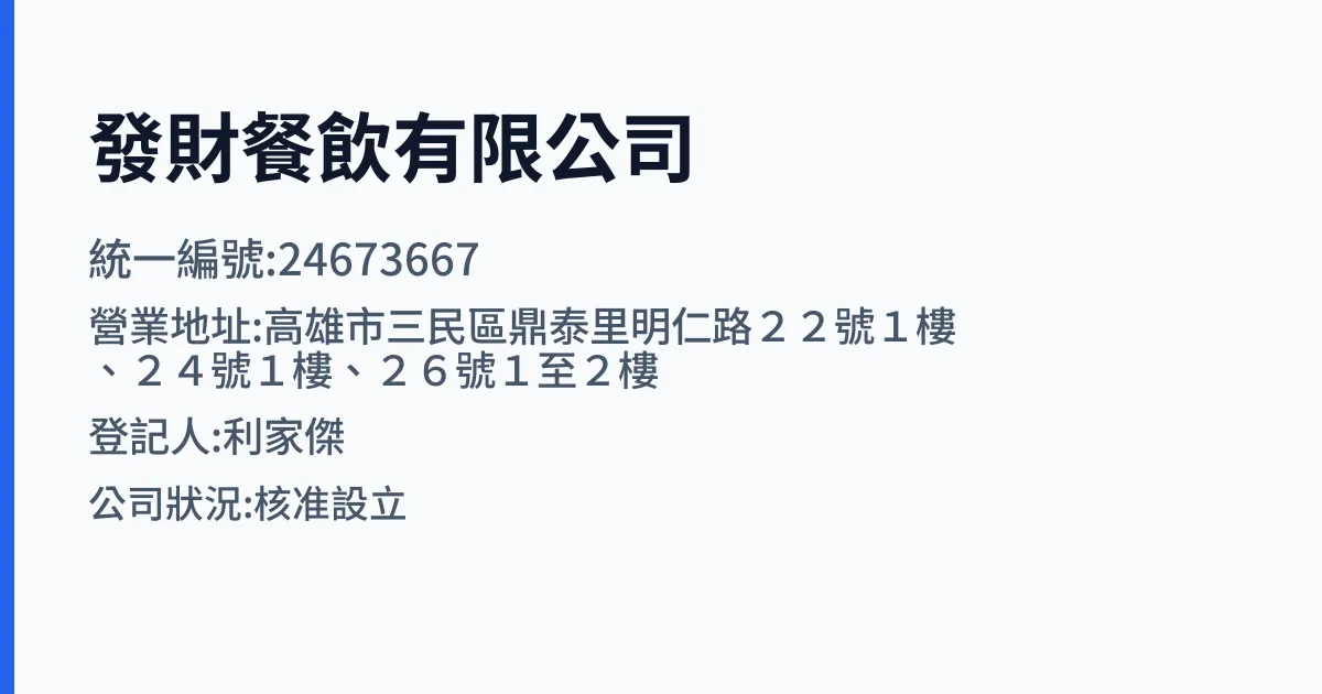 發財餐飲有限公司 - 統編 24673667(高雄市) 公司登記資料與營業項目詳細圖表