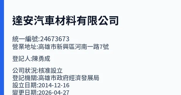 達安汽車材料有限公司的照片-統編 24673673(高雄市) 公司登記資料與營業項目詳細圖表