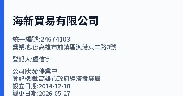 海新貿易有限公司的照片-統編 24674103(高雄市) 公司登記資料與營業項目詳細圖表