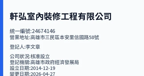 軒弘室內裝修工程有限公司的照片-統編 24674146(高雄市) 公司登記資料與營業項目詳細圖表